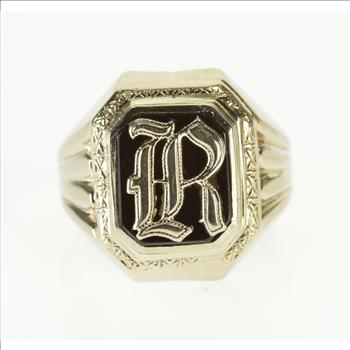 14K R Cursive Letter Initial Black Onyx Overlay White Gold Ring, Size 7 ...