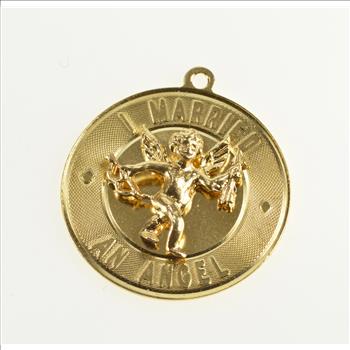 14K Retro Round I Married An Angel Cherub Yellow Gold Charm/Pendant ...
