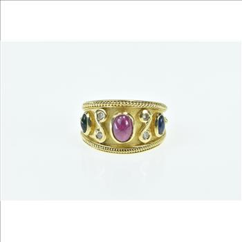 18K Ornate Ruby Sapphire Diamond Etruscan Revival Yellow Gold Ring ...