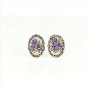 Base Metal Cross Stitch Violets Bouquet Flower Clip Back Earrings ...