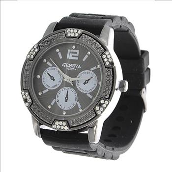 Geneva Rhinestone Black Hematite Black Rubber Band Large Face - Women's ...