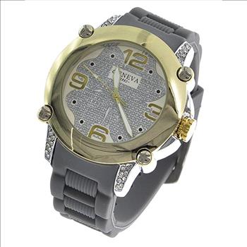 Geneva Two Tone 18K Gold Plated Rhinestone Grey Rubber Band Large Face ...