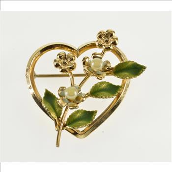 Gold Filled Retro Green Enamel Pearl* Floral Bouquet Heart Pin/Brooch ...