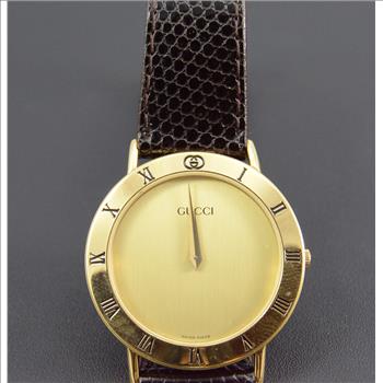 Gucci Gold Plated Round Roman Numeral Black Leather 25.5mm Face Vintage ...