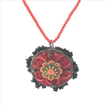 Sterling Silver Coral Rose Embroidered Floral Medallion Pendant 19.5 ...