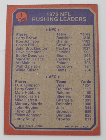 1973 NFL 1972 Rushing Leaders Larry Brown and O.J. Simpson Topps #1 ...