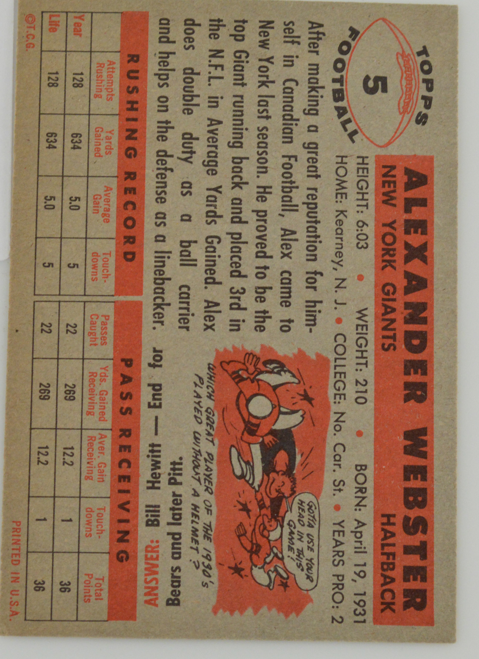 1956 Alex Webster New York Giants Topps #5 Football Card | Property Room