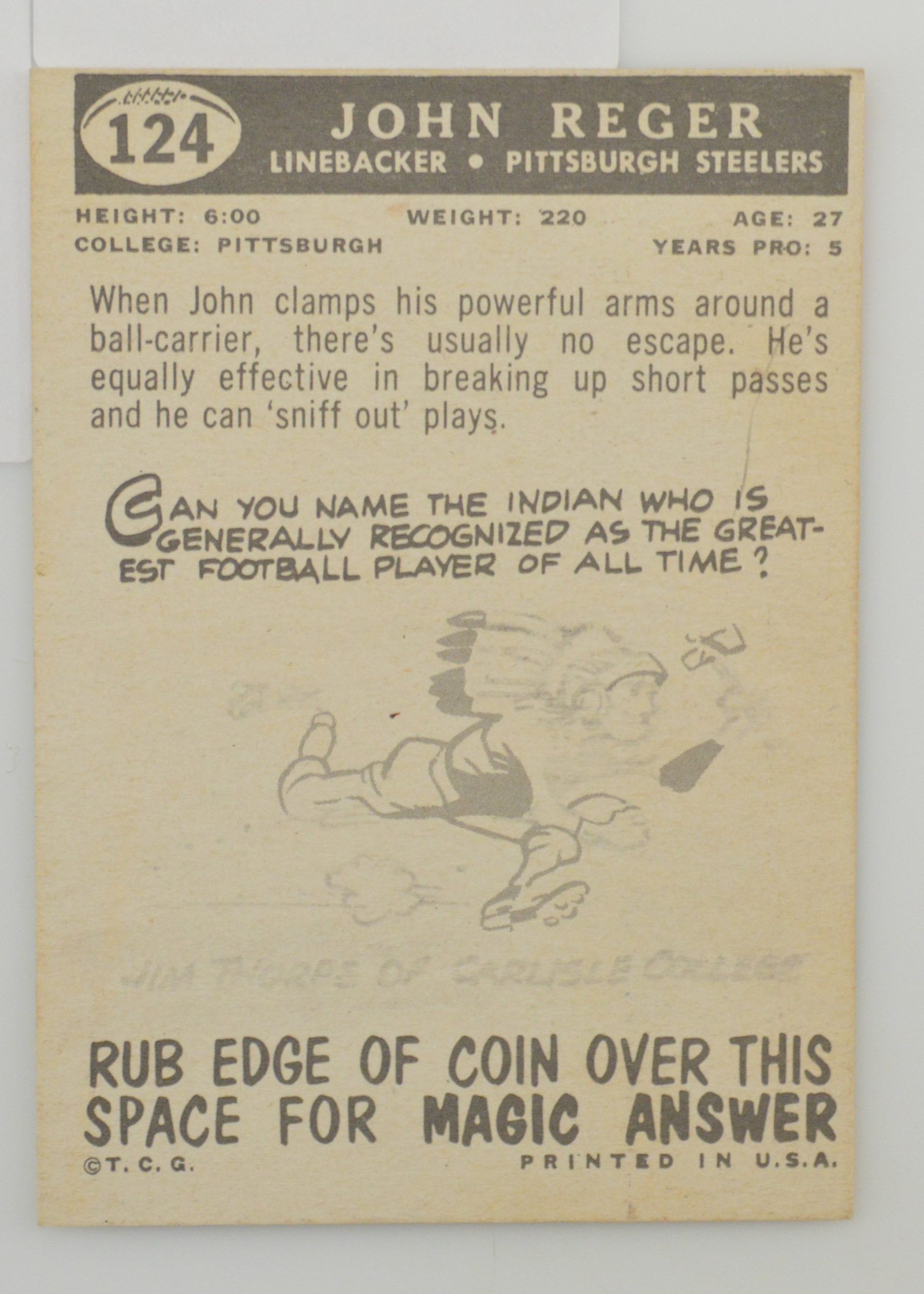 1959 John Reger Pittsburgh Steelers Topps #124 Football Card | Property ...