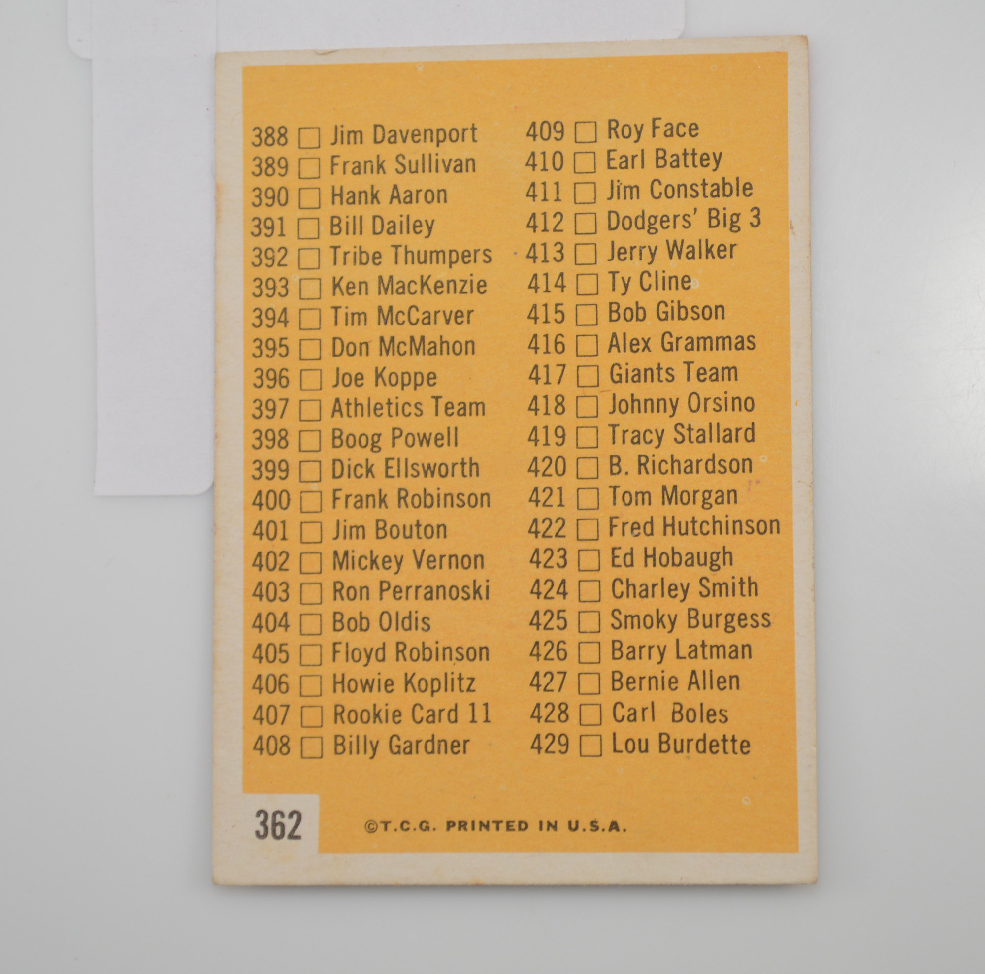 1963 5th Series Baseball Checklist Unmarked Topps #362 | Property Room