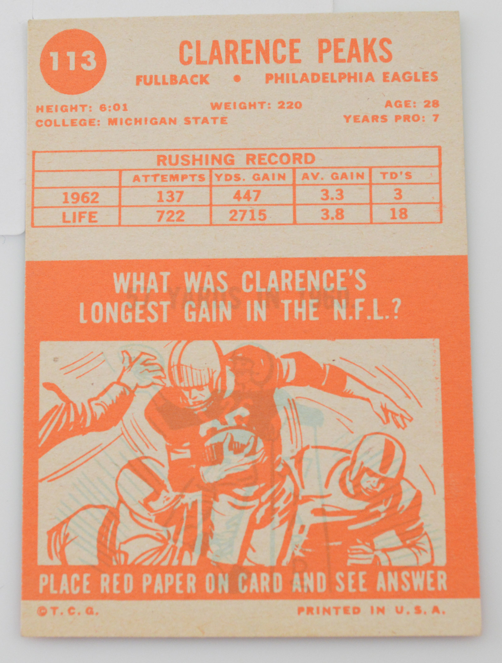 1963 Clarence Peaks Philadelphia Eagles Topps #113 Football Card ...