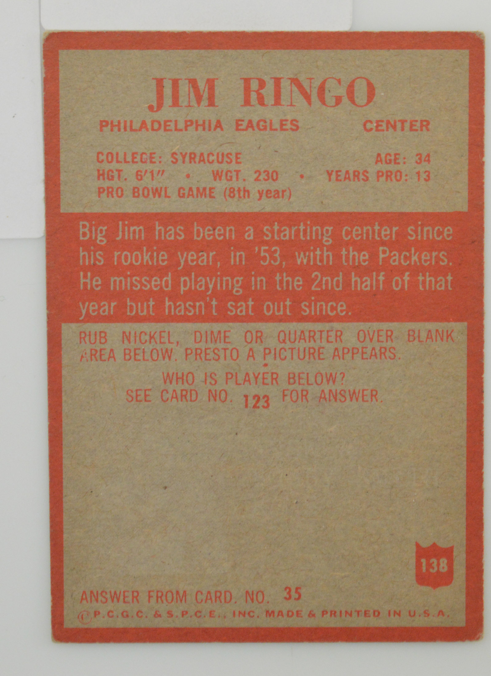 1965 Jim Ringo Eagles Philadelphia #138 Football Card | Property Room