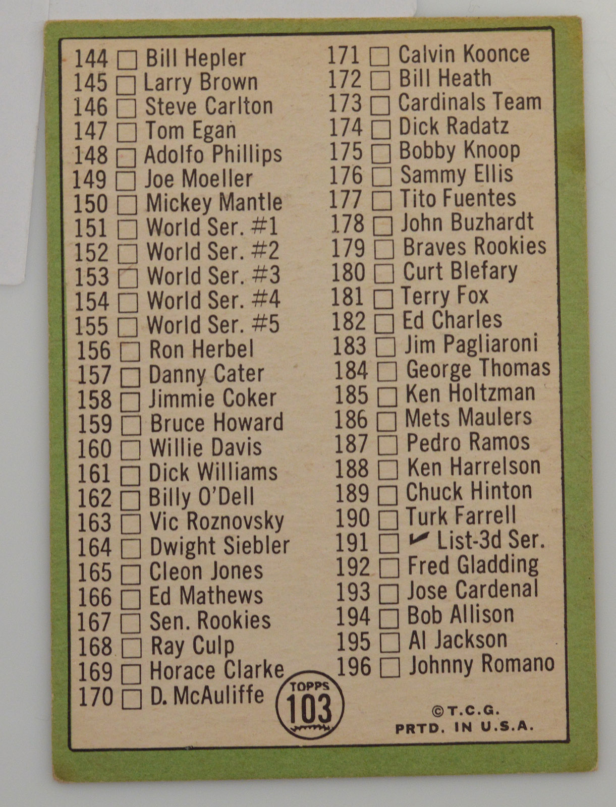 1967 2nd Series Baseball Checklist Topps #103 | Property Room