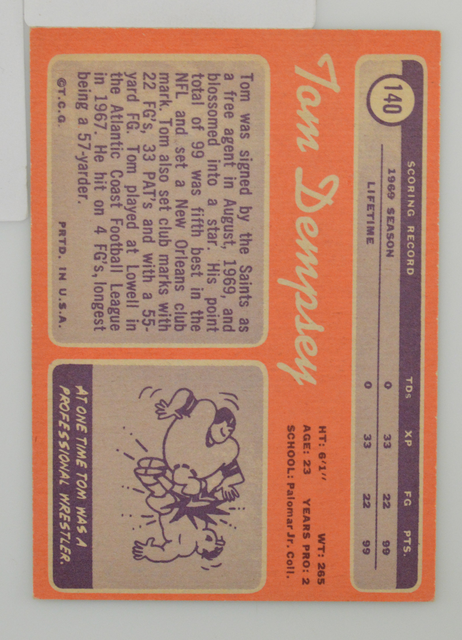 1970 Tom Dempsey Saints Topps #140 Football Card | Property Room