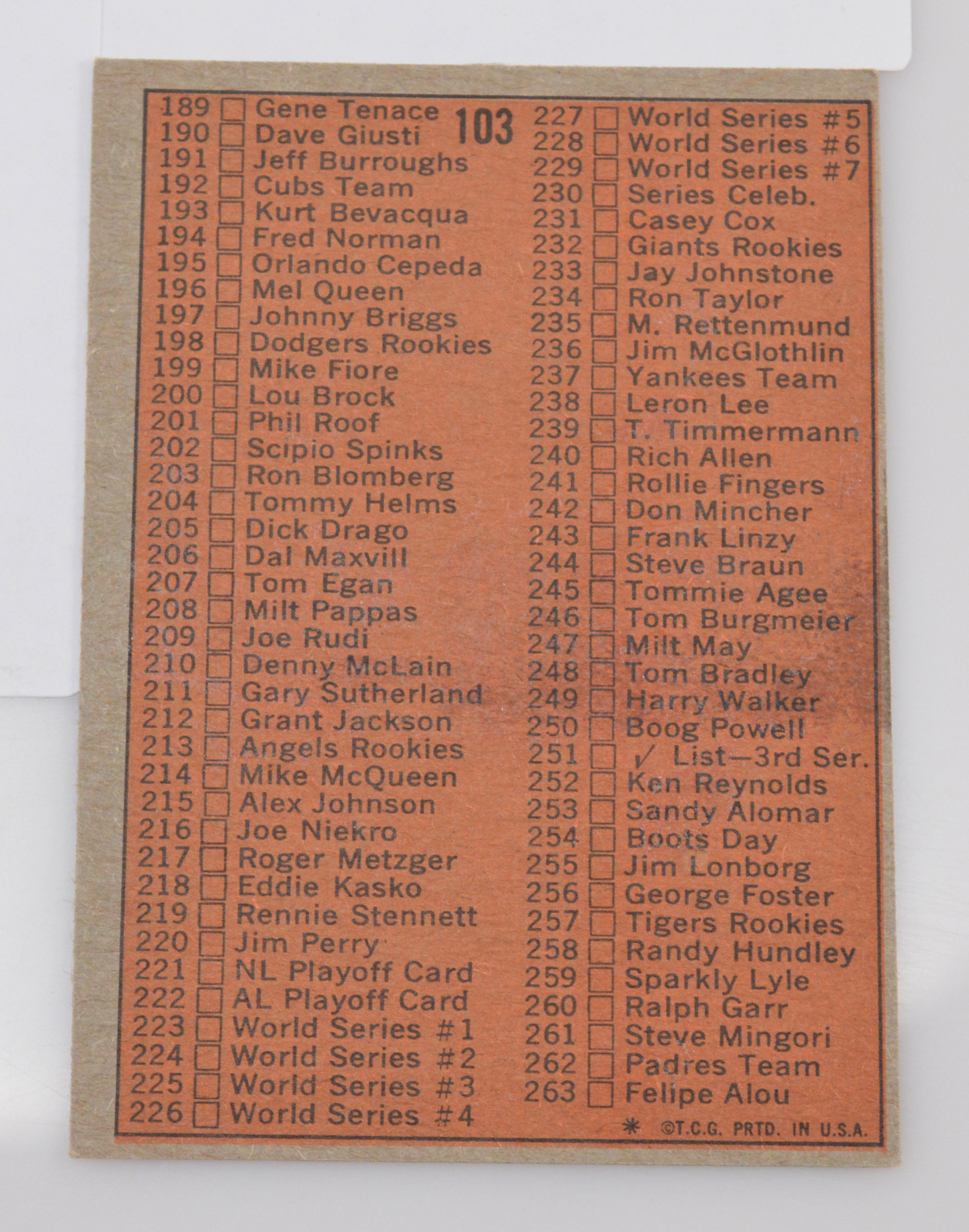 1972 2nd Series Baseball Checklist Unmarked Topps #103 | Property Room