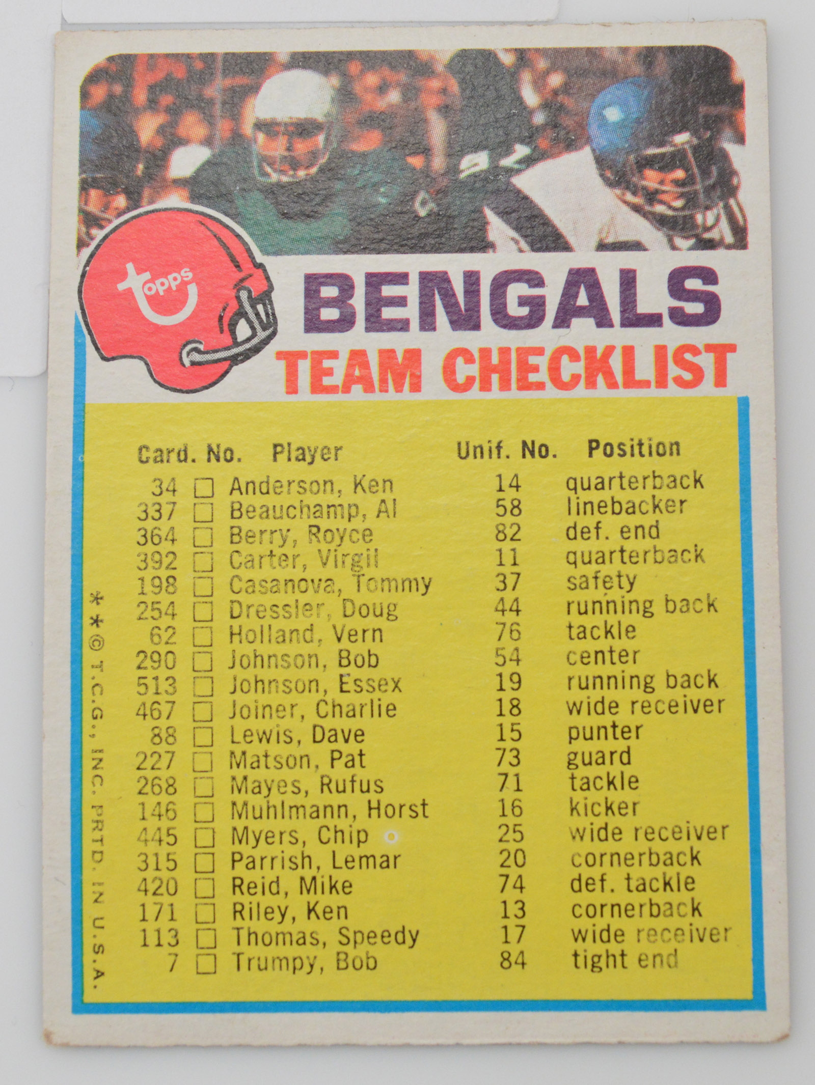 1973 Bengals Team Checklist Topps Football Card | Property Room