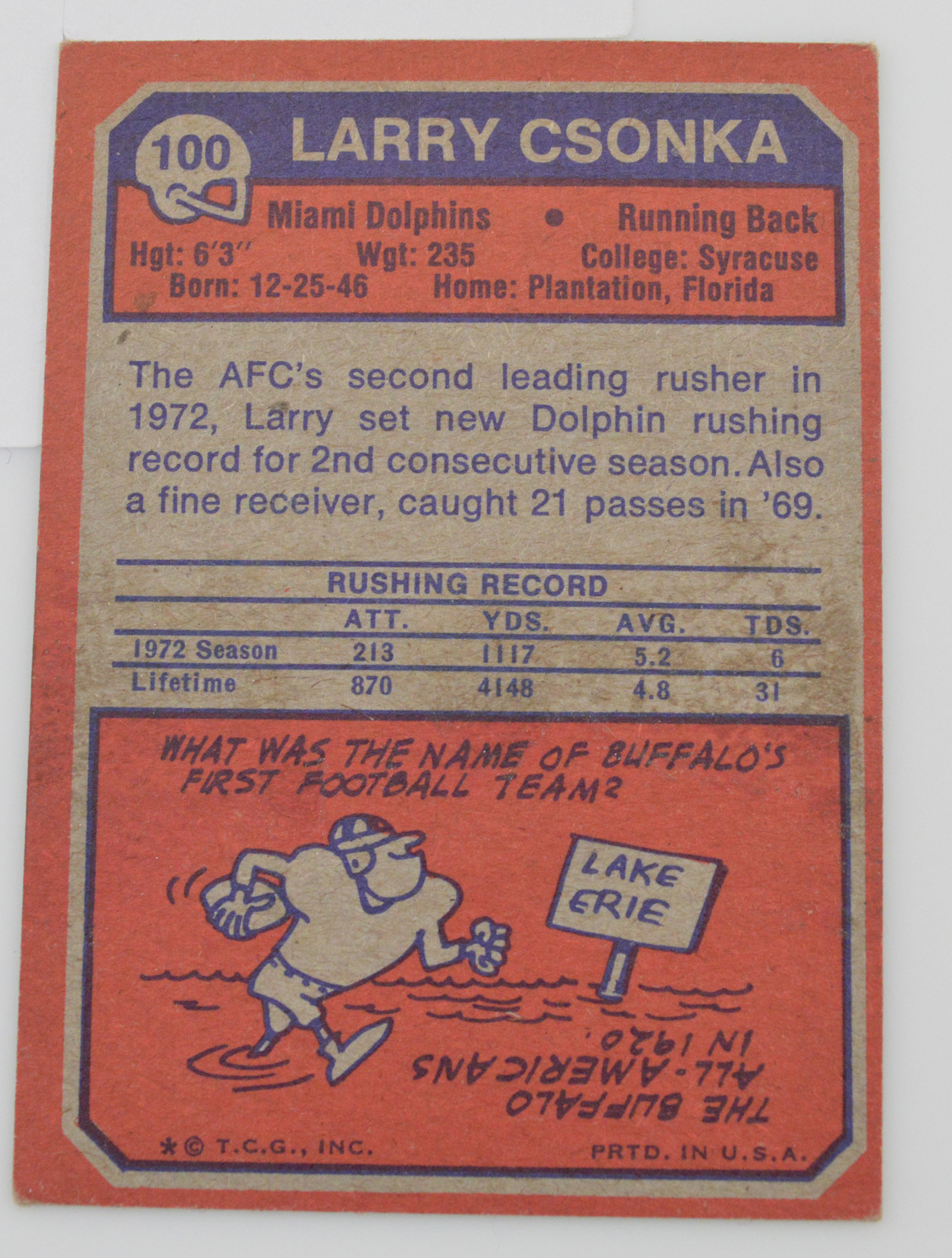 1973 Larry Csonka Dolphins Topps #100 | Property Room