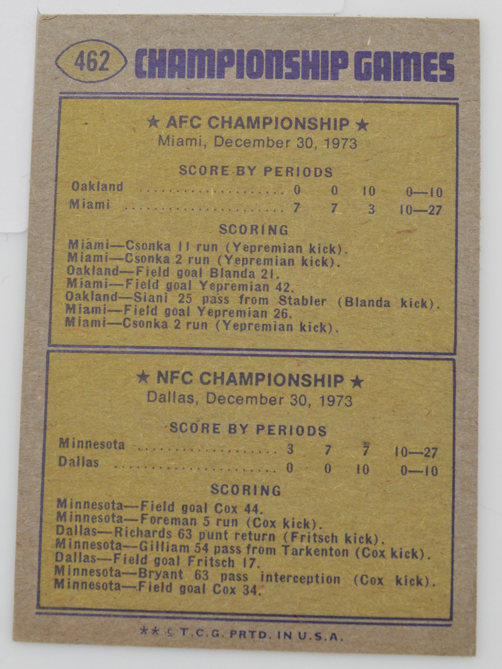 1974 Championship Games AFC and NFC Topps #462 Football Card | Property ...
