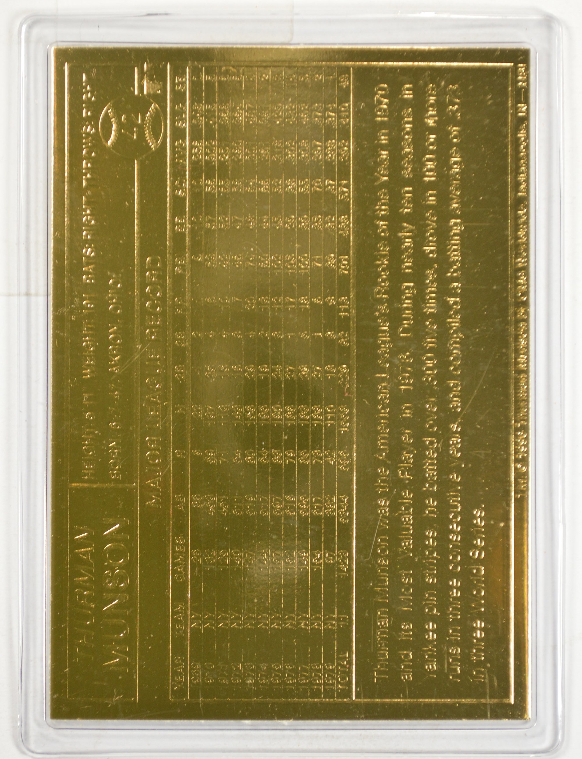 22K Gold Thurman Munson Limted Edition Danbury Mint Baseball Trading ...