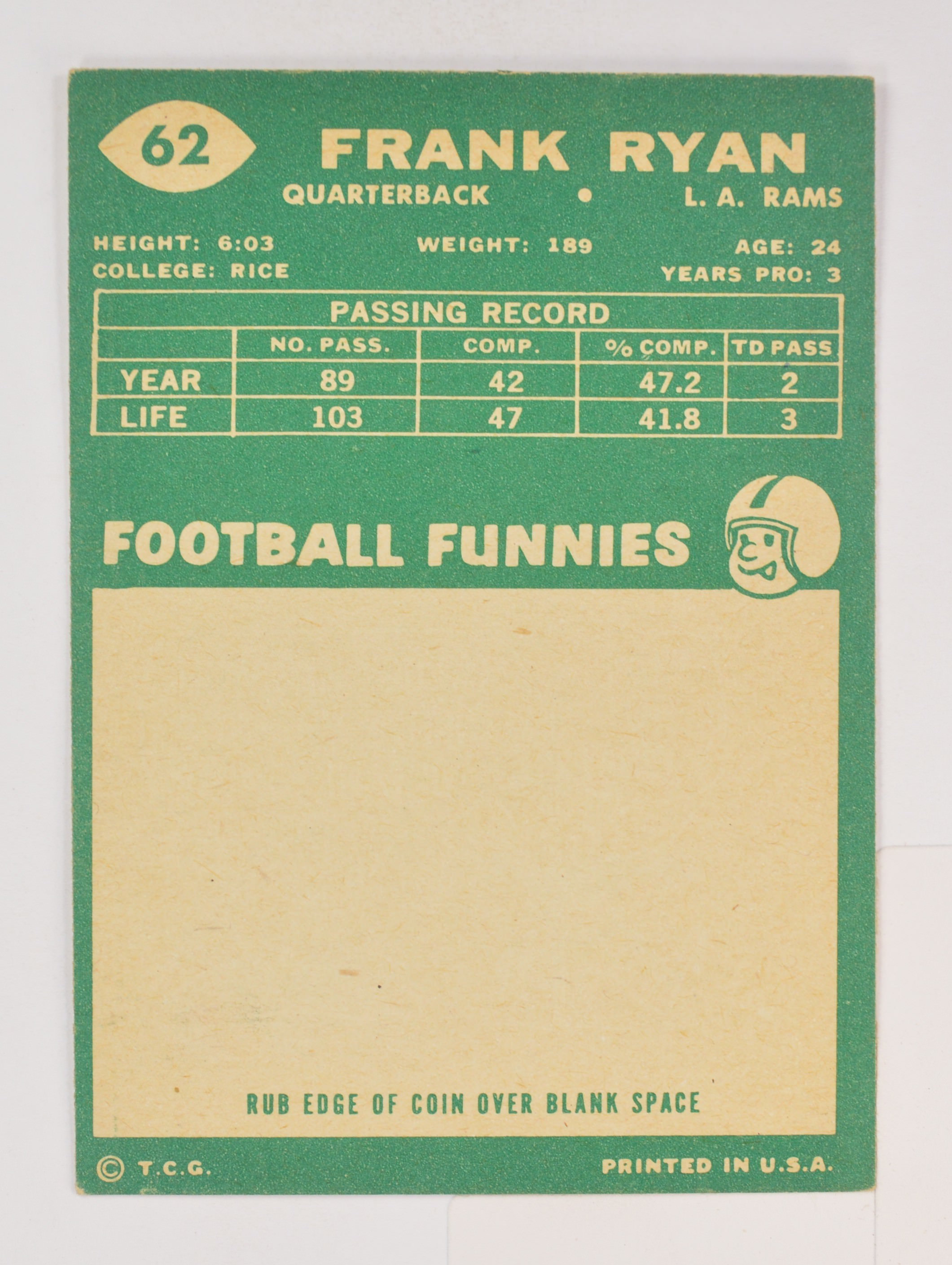 Original 1960 Frank Ryan Topps #62 L.A. Rams | Property Room
