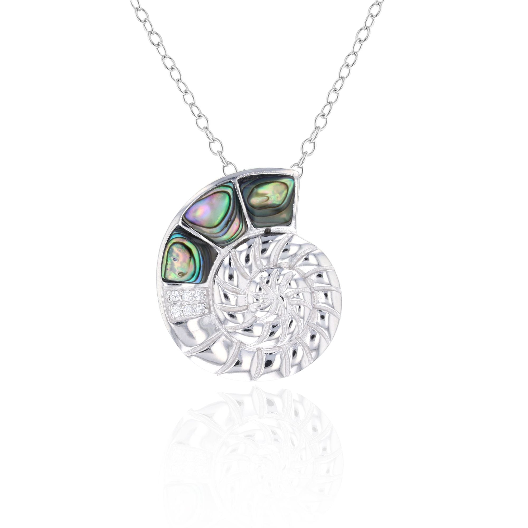 Sterling Silver Abalone Swirl Seashell CZ Pendant with Chain | Property ...