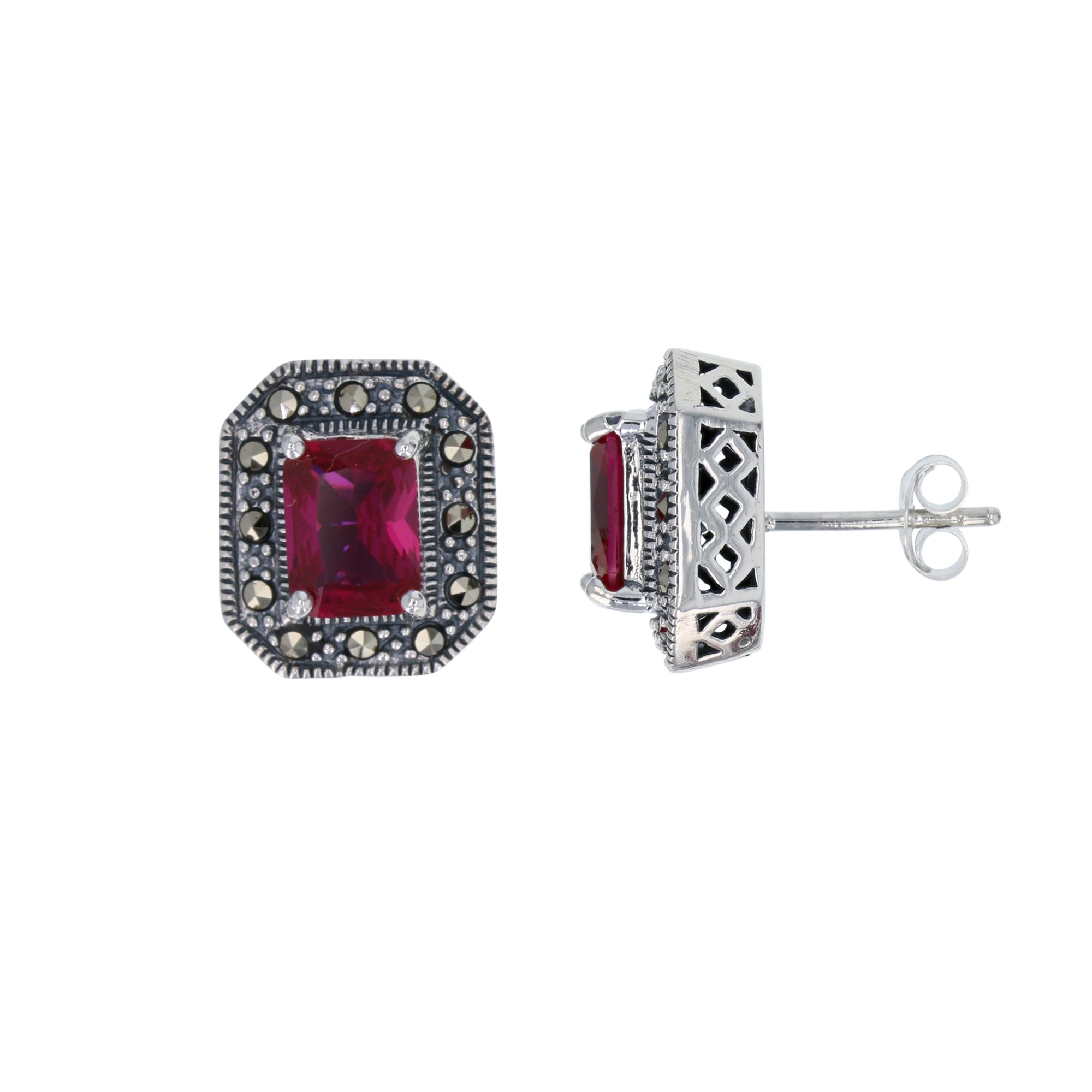Sterling Silver Marcasite Emerald Shape 6x8mm Ruby CZ Earring | Property Room