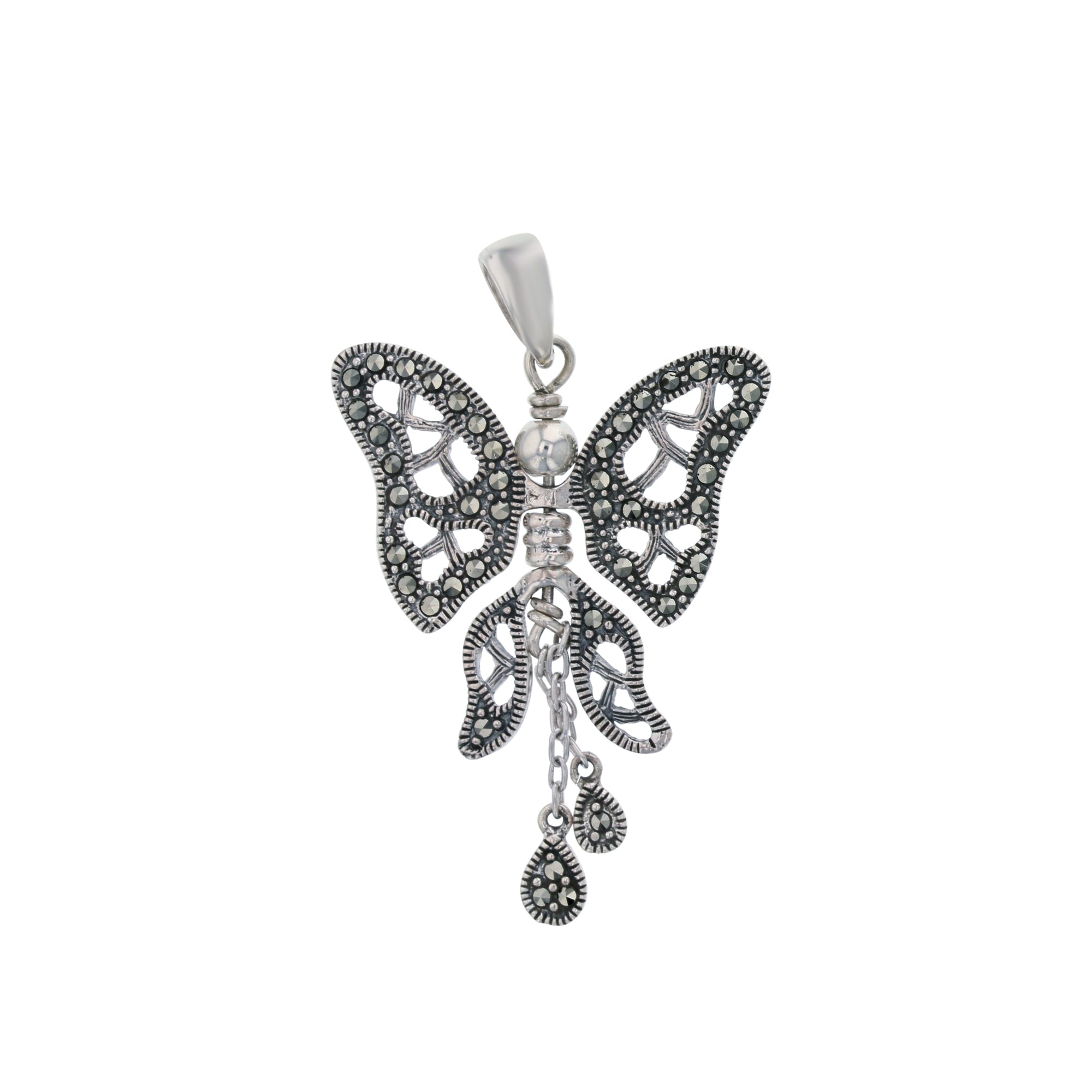 Sterling Silver Marcasite Movable Dangle Butterfly Pendant with 18 ...