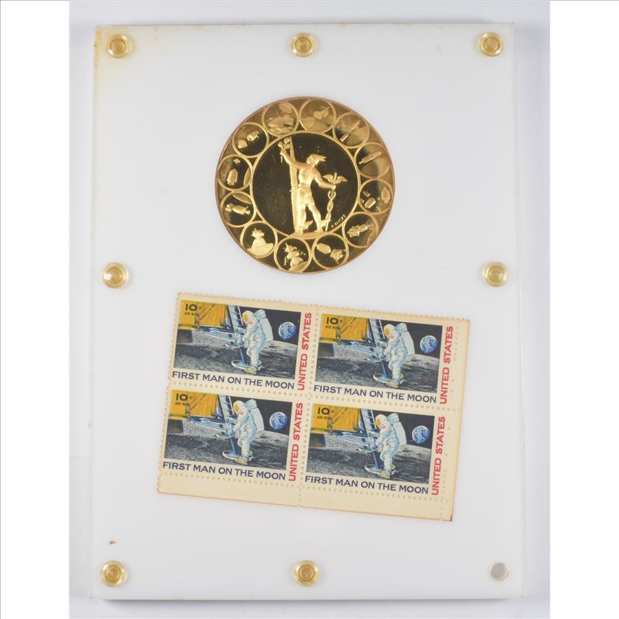 Apollo 11 Man's First Landing On The Moon Silver Gilt Medal & Stamps ...