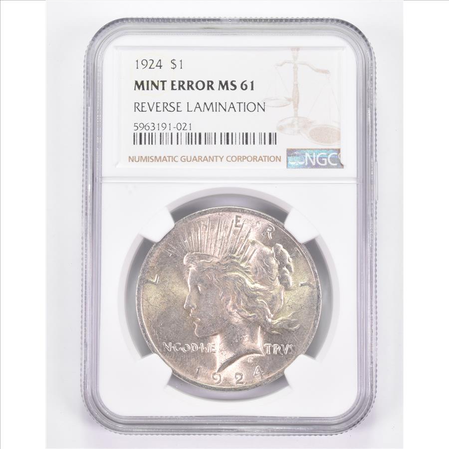 Mint Error MS61 1924 Peace Silver Dollar - REV Lamination - Graded NGC ...
