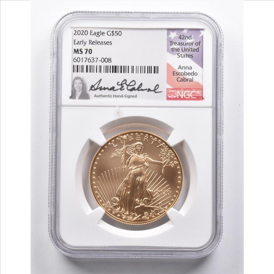 MS70 2020 $50 American Gold Eagle 1 Oz Gold ER Signed Cabral NGC ...