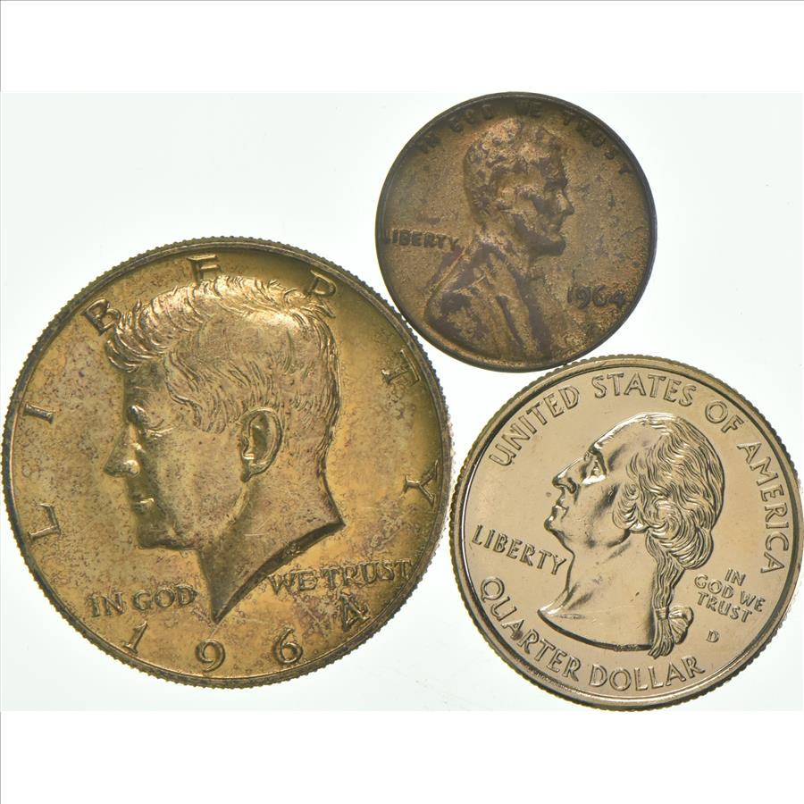 Solid 24K GOLD Plated Lot 1964 Lincoln Memorial Cent 1964 Kennedy Half ...