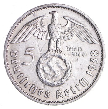 1938 GERMAN WW2 NAZI 5 Mark Swastika Silver Historic Coin - Germany War | Property Room