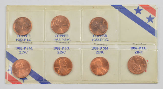 1982 - 7 VARIETY - Lincoln Cent Unc Set - Copper/Zinc P/D Small Date ...