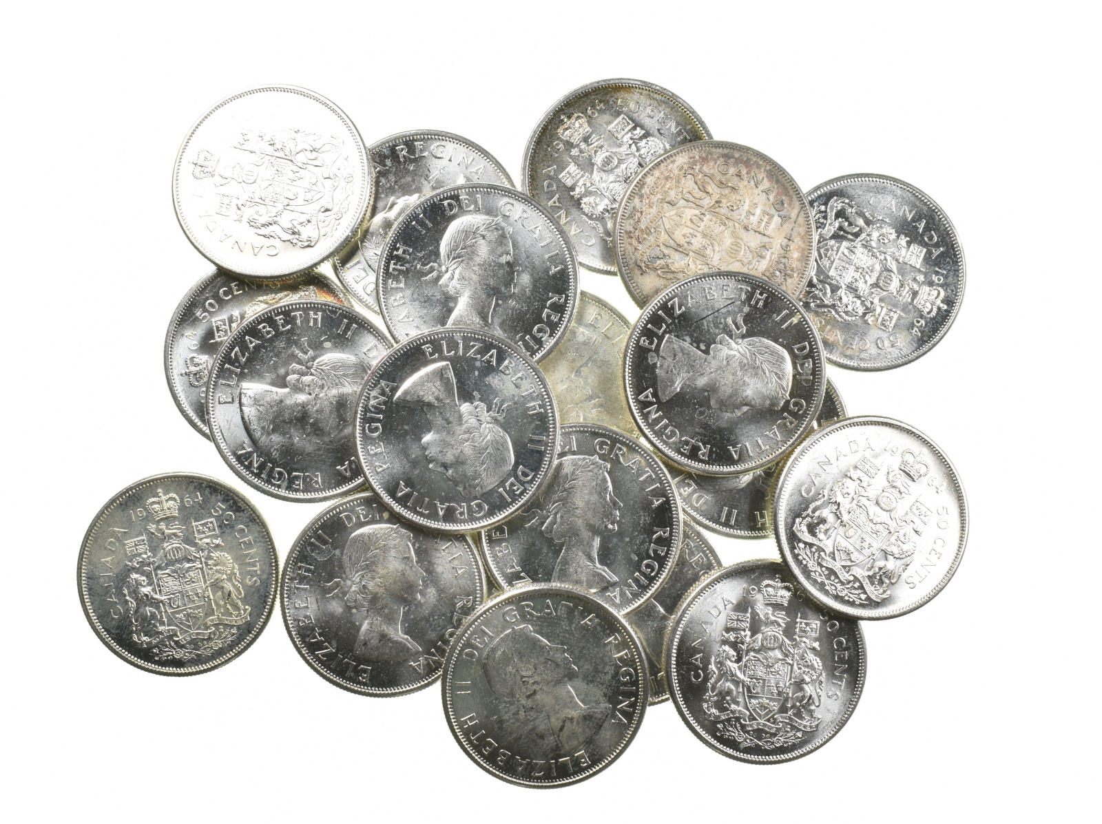 $10 Face 80% SIlver Canadian Canada Half Dollars 20 Pcs Roll Bullion ...