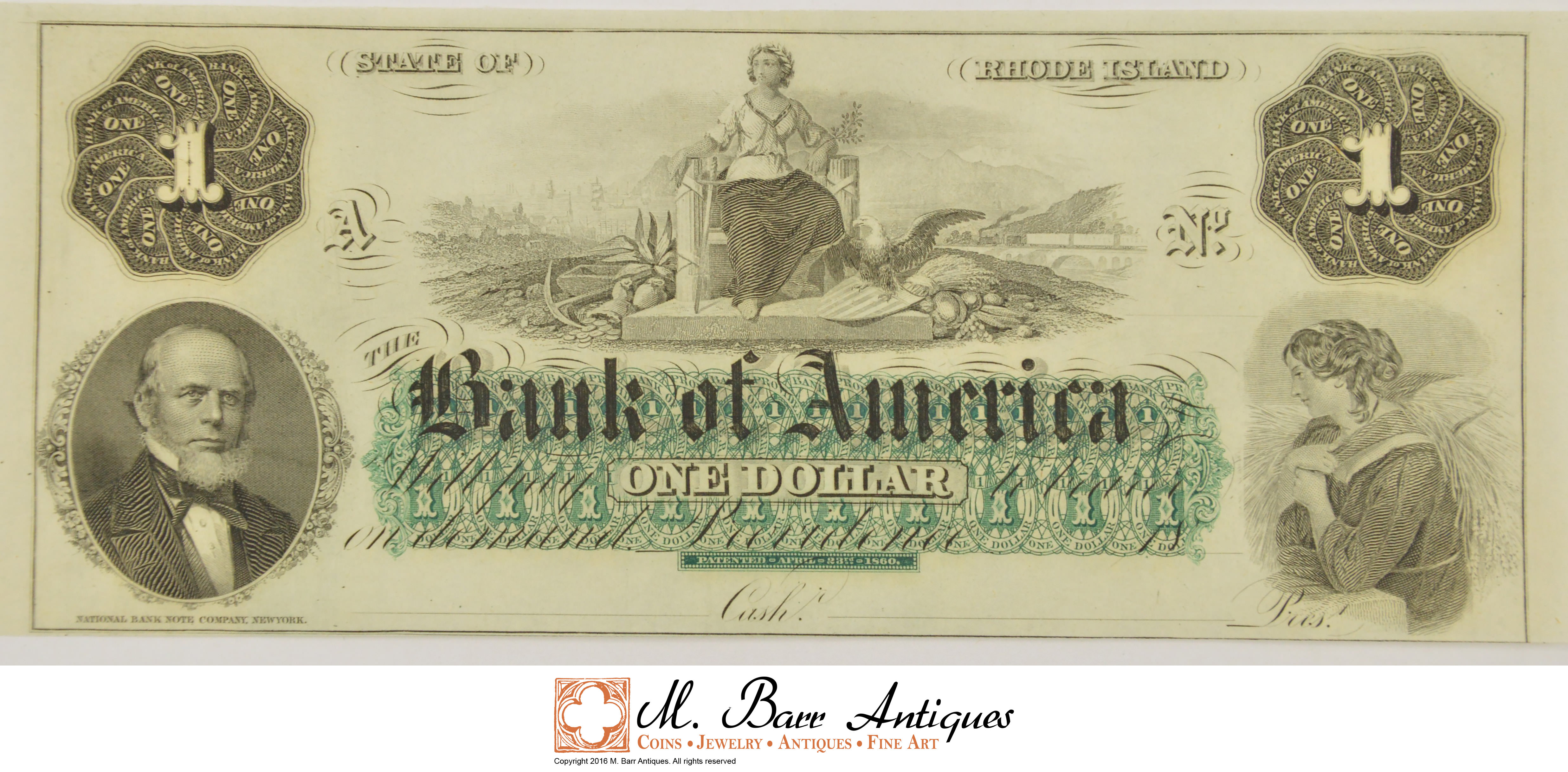 $1.00 Bank of America Rhode Island 1860's Unissued Broken Bank Note ...