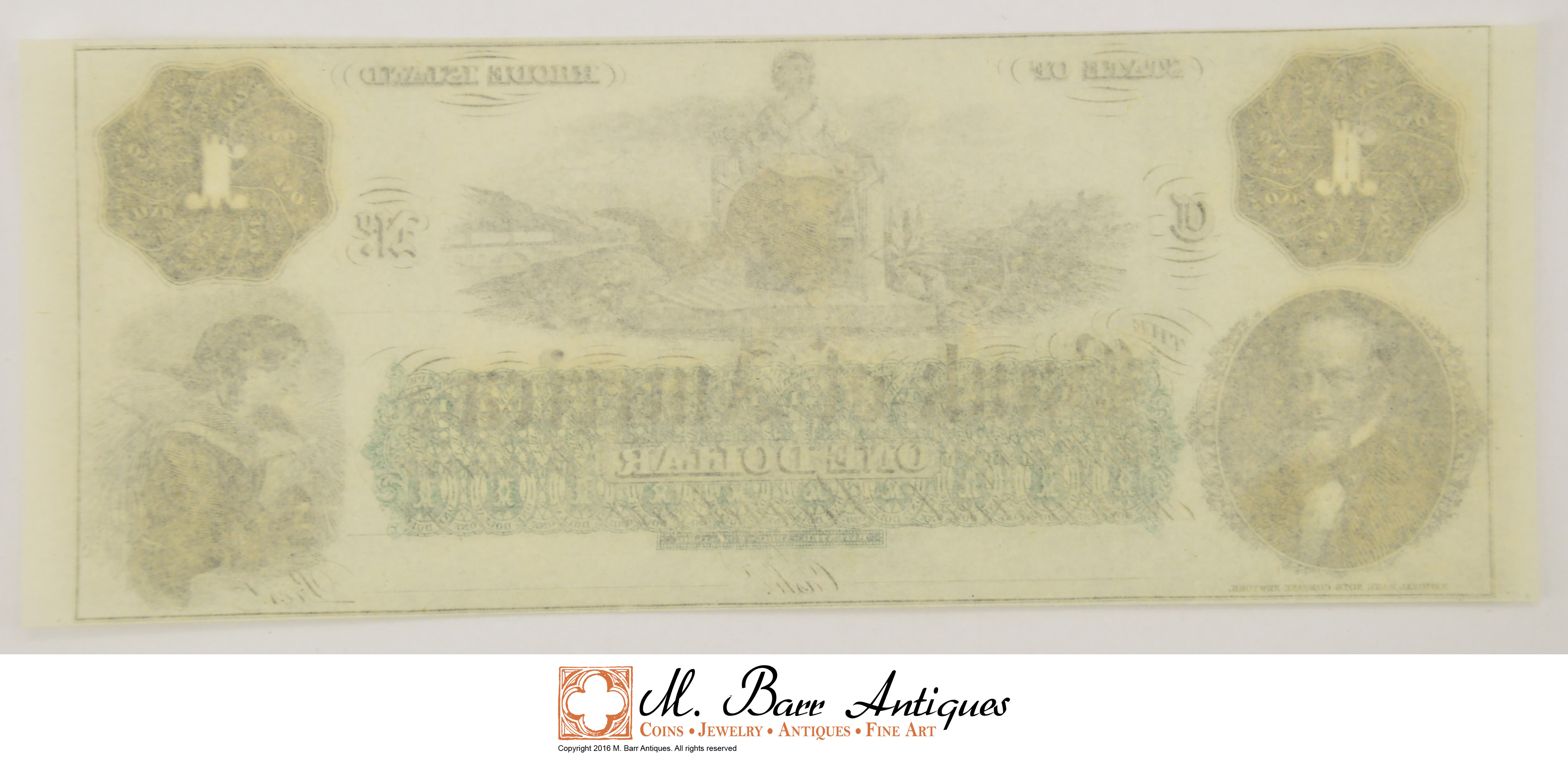 $1.00 Bank of America Rhode Island 1860's Unissued Broken Bank Note ...