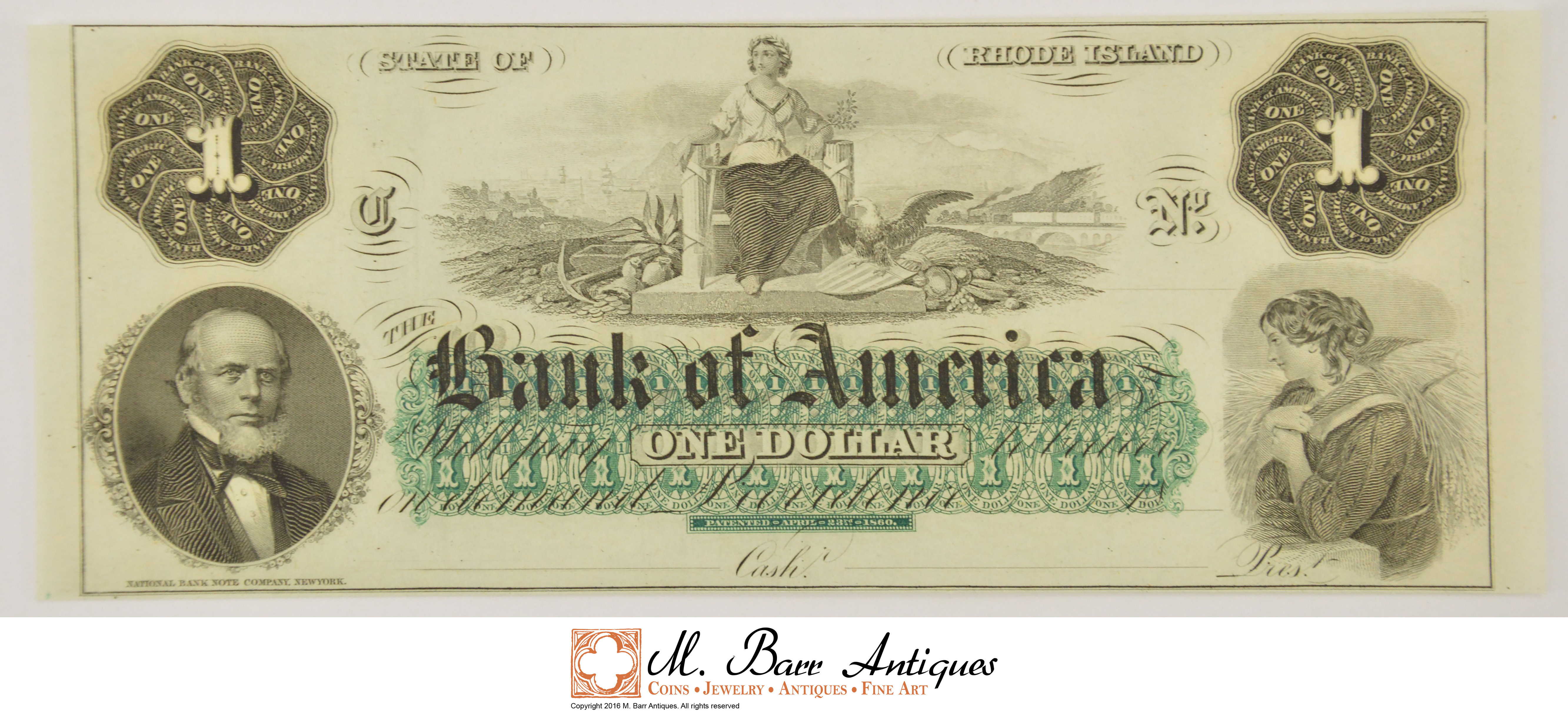 $1.00 Bank of America Rhode Island 1860's Unissued Broken Bank Note ...