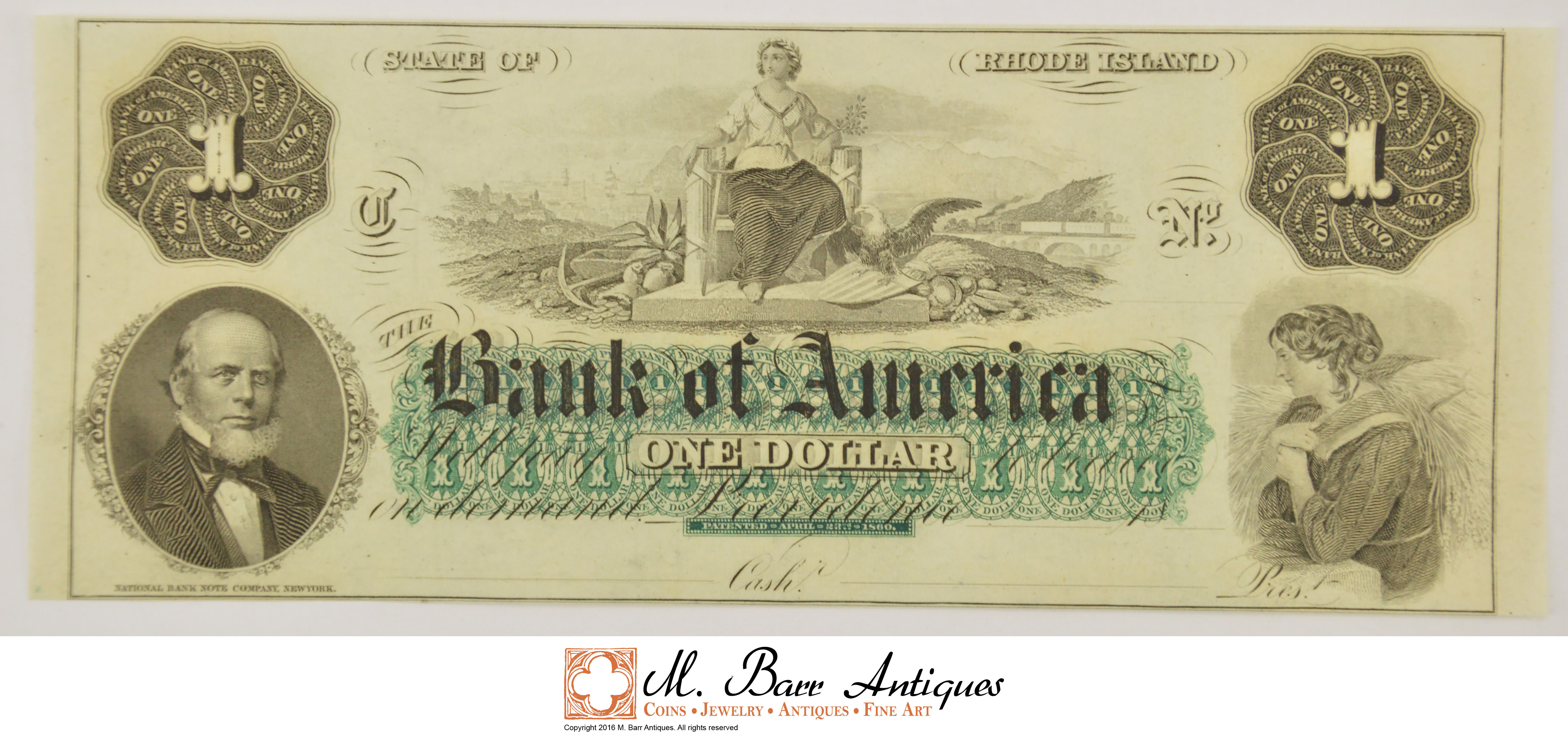 $1.00 Bank of America Rhode Island 1860's Unissued Broken Bank Note ...