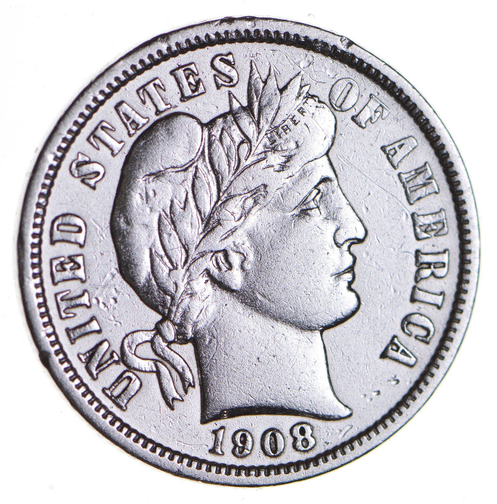 10c - Choice - 1908-D - Barber Dime - Look at the Detail! | Property Room