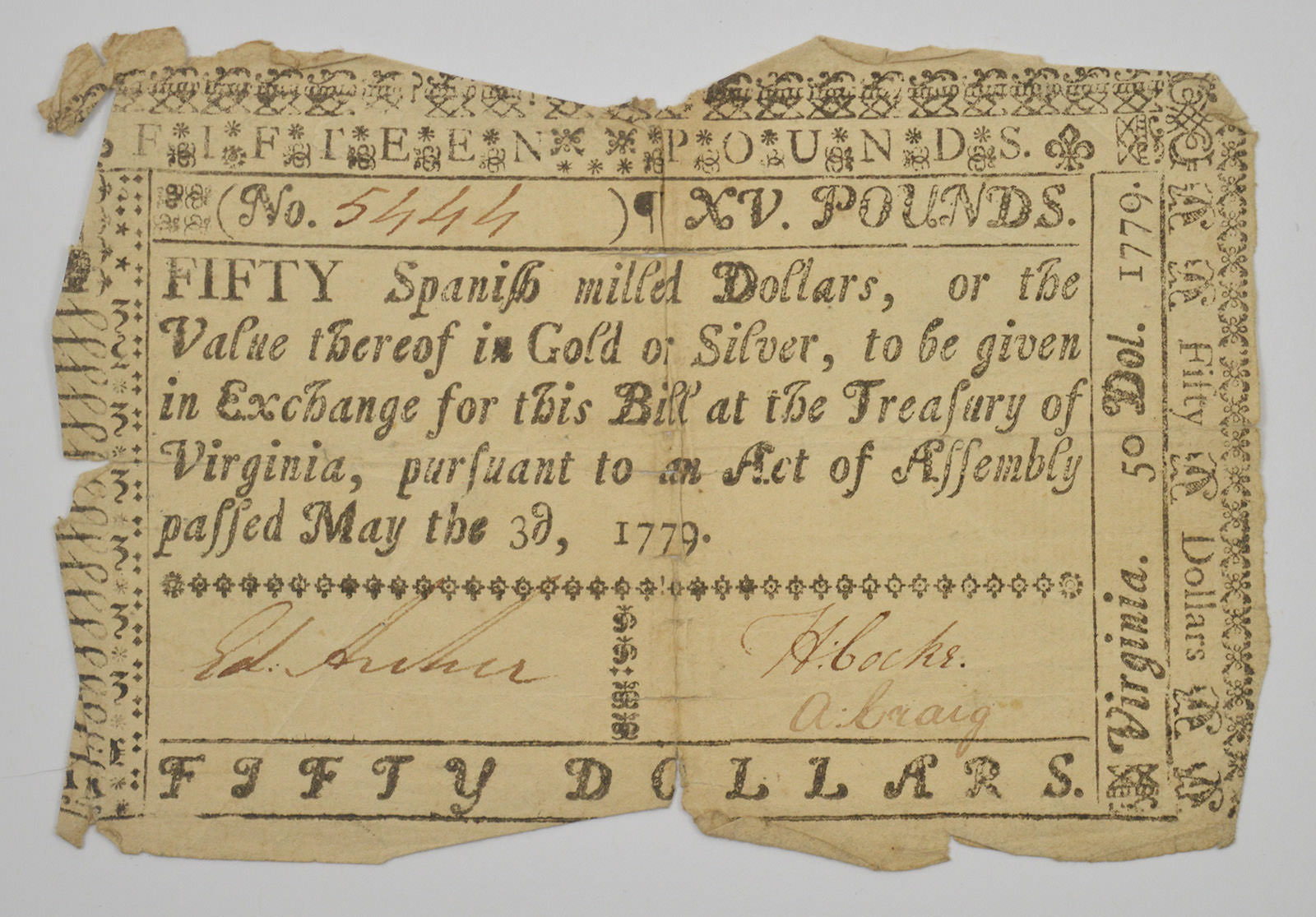 1779 50 Dollars Virginia Colonial Currency - VA-169 | Property Room