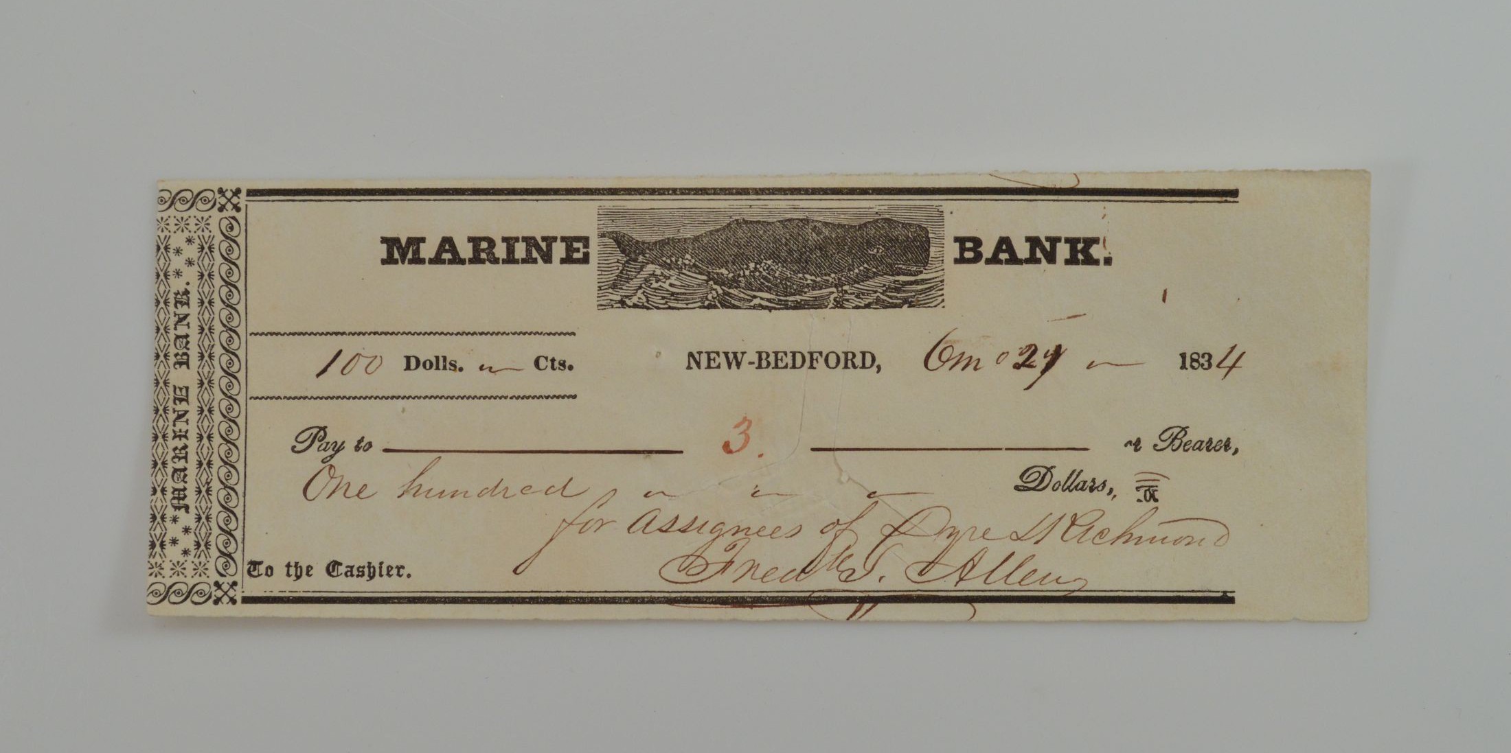 1834 $100 Dollar Marine Bank New Beford Note | Property Room