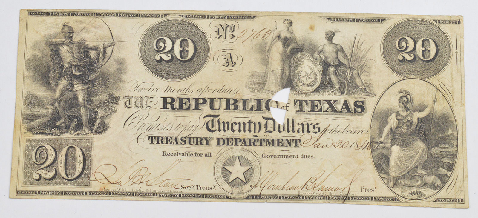 1840 $20 Republic of Texas Cancelled Large Size Obsolete Note - Cr. A6 ...