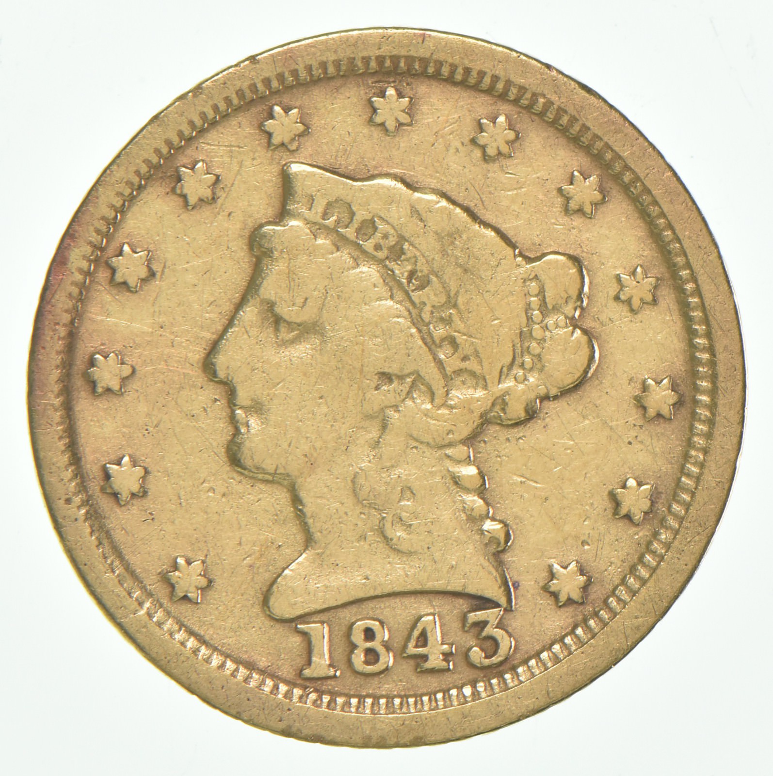 1843-C $2.50 Liberty Head Gold Quarter Eagle Large C No Motto | Property Room