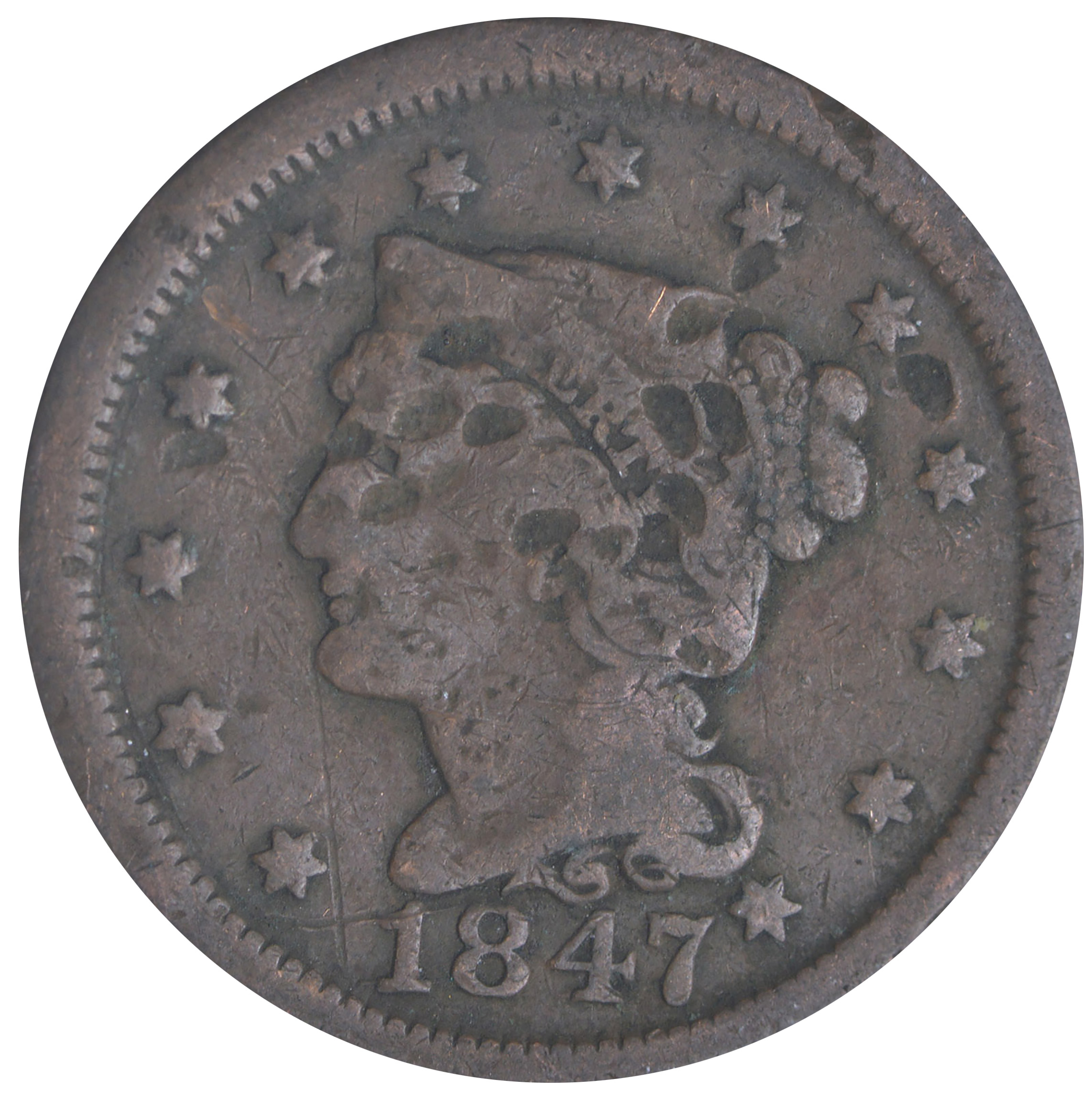 1847 Braided Hair Large Cent *Condtion: Punctures Obverse Side ...
