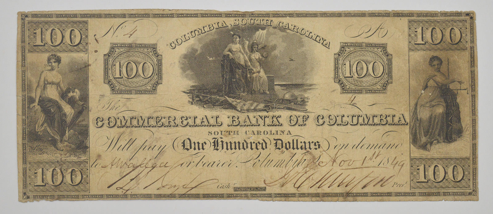 1849 $100.00 Commercial Bank Of Columbia, SC Large Horseblanket Note ...