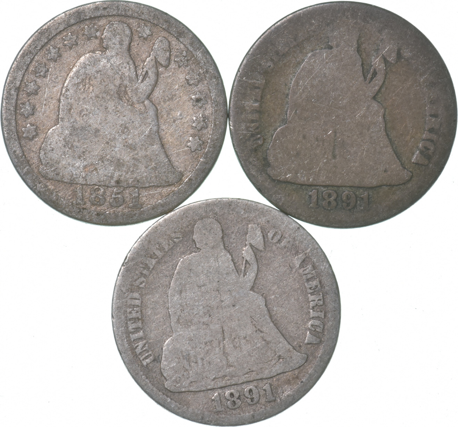 1851 1891-S 1891 Lot 3 Seated Liberty Dimes Collection | Property Room