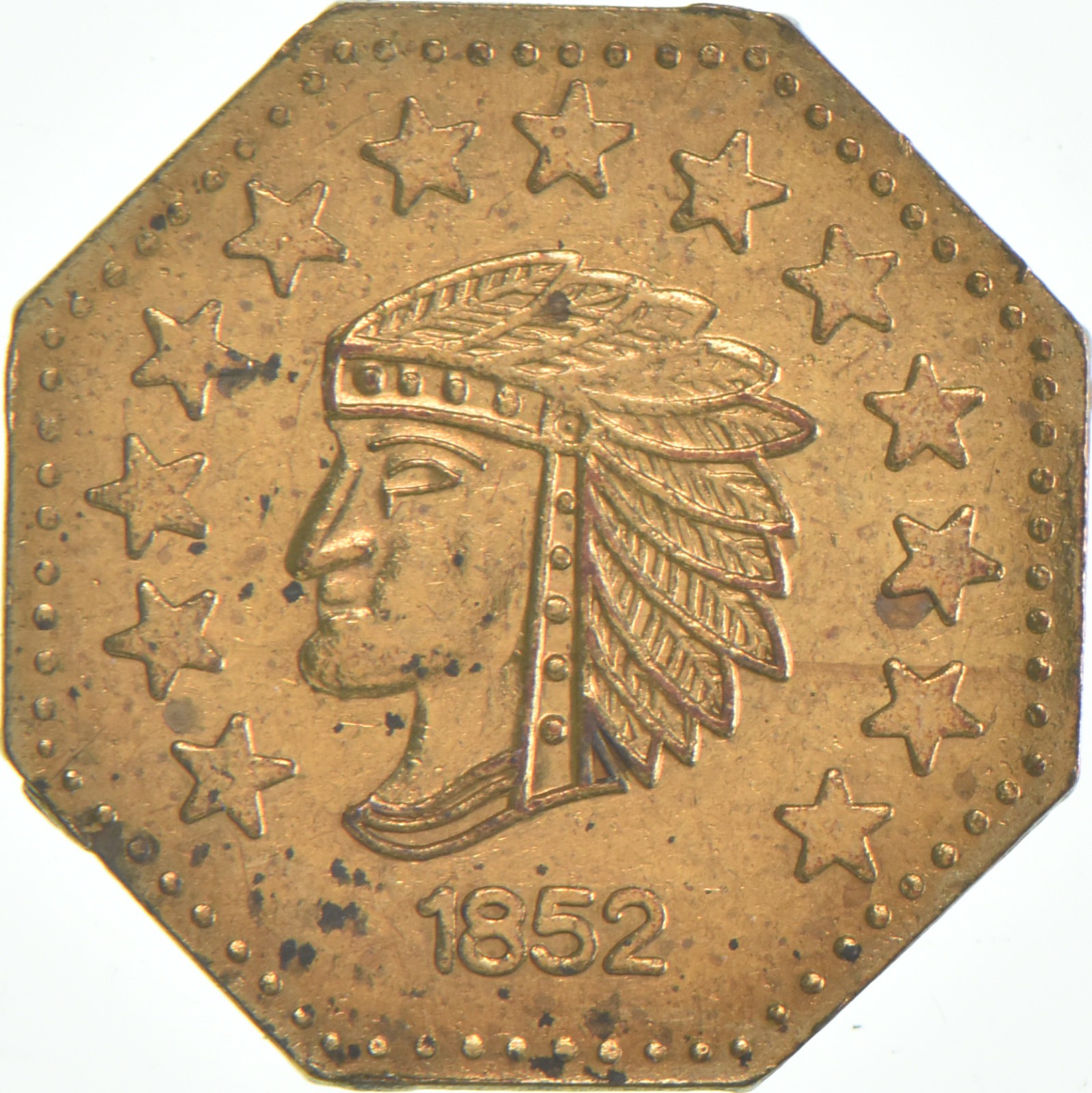 1852 Indian Head Octagonal California Gold Rush Souvenir Token ...