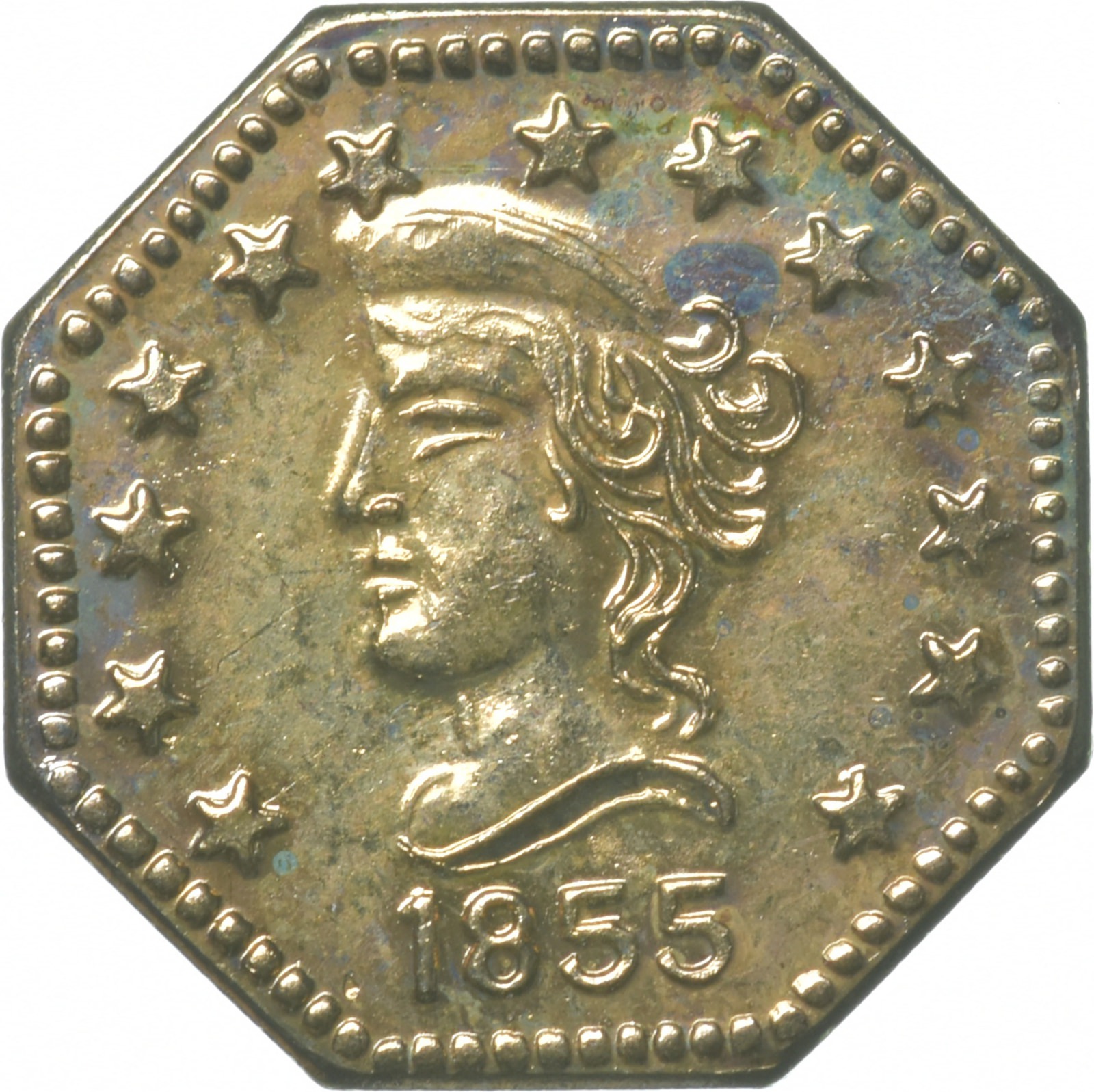 1855 Liberty Head Octagonal California Gold Rush Souvenir Token ...