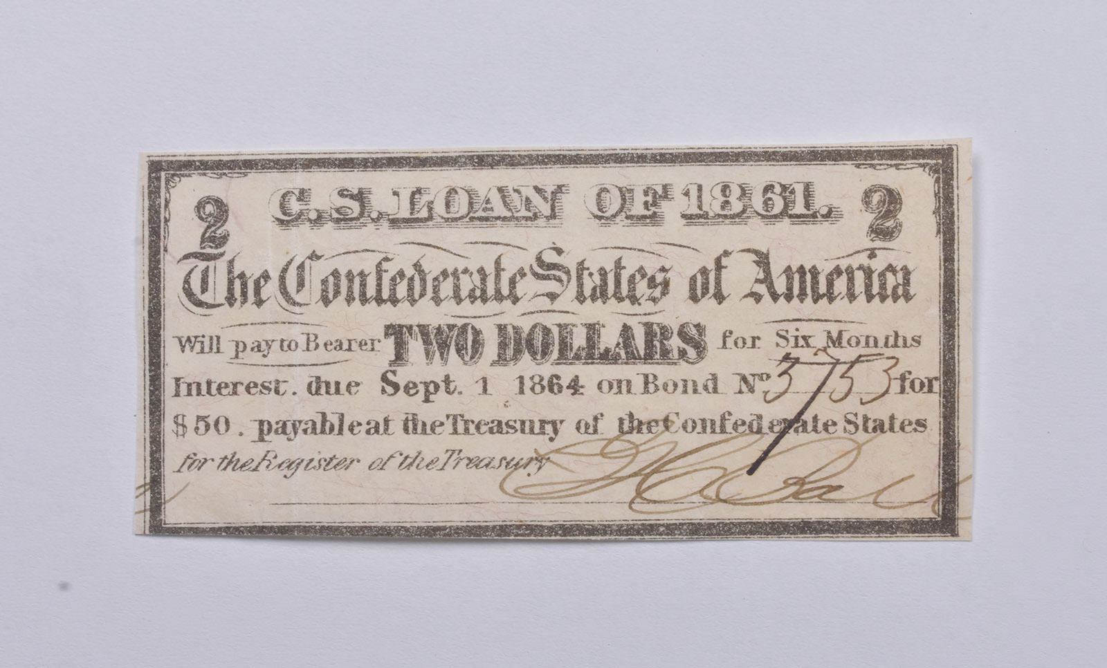 1861 $2 Confederate States of America - Authentic Civil War Bond Note ...