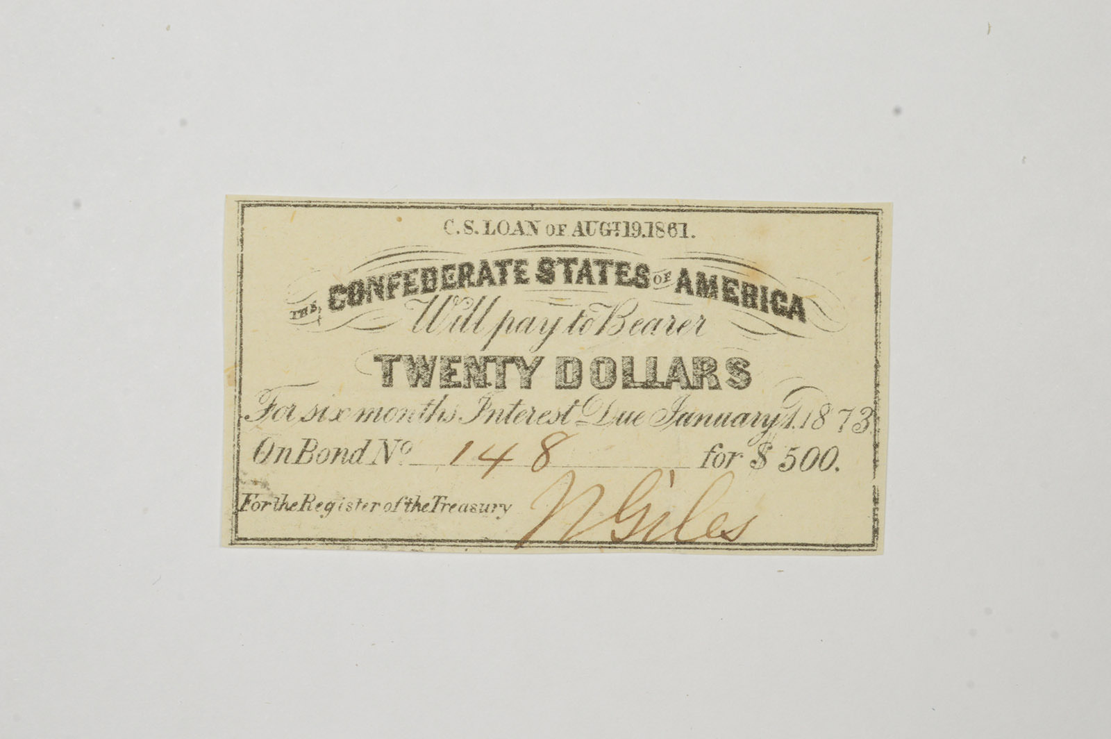 1861 $20 Confederate States of America - Authentic Civil War Bond Note ...