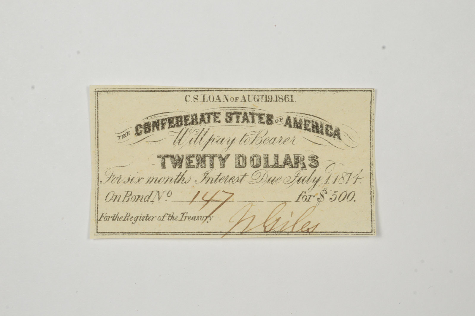 1861 $20 Confederate States of America - Authentic Civil War Bond Note ...